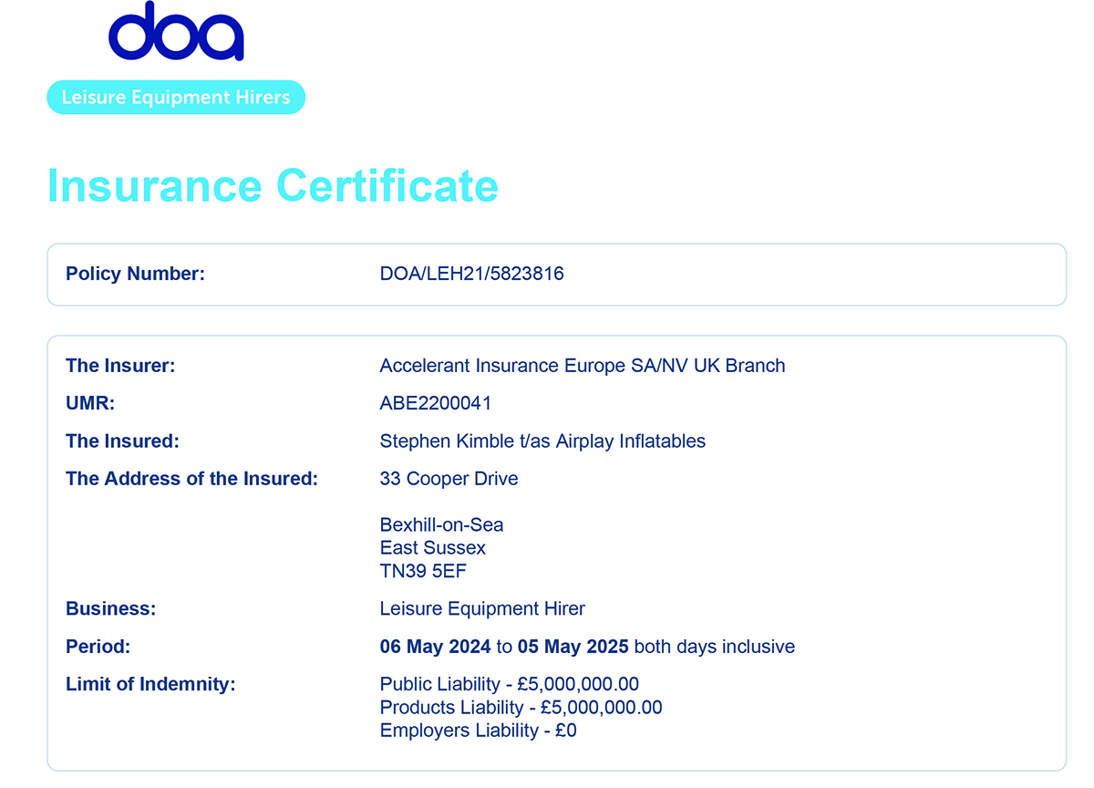 Insurance - Bouncy Castle & Soft Play Hire in Eastbourne, Hailsham ...